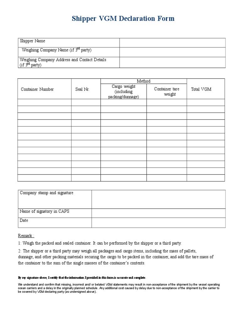 VGM Declaration Form for Shippers | PDF