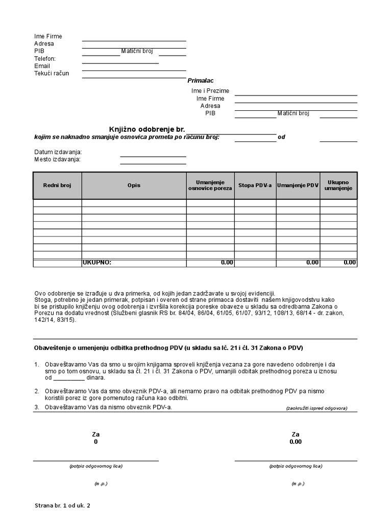 Knjizno Odobrenje Obrazac | PDF