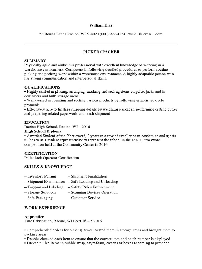 Sample Pick Packer Resume | PDF | Warehouse | Forklift