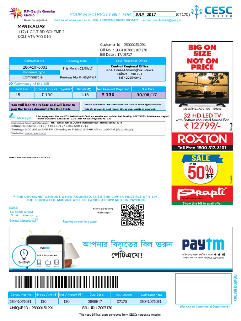 LT Bill 28000151291 201707 | PDF | Cheque | Payments