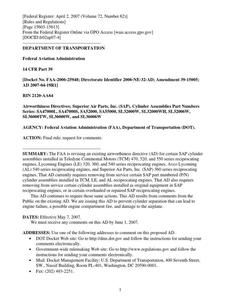 2007 04 19R1 | PDF | Federal Aviation Administration | Rulemaking
