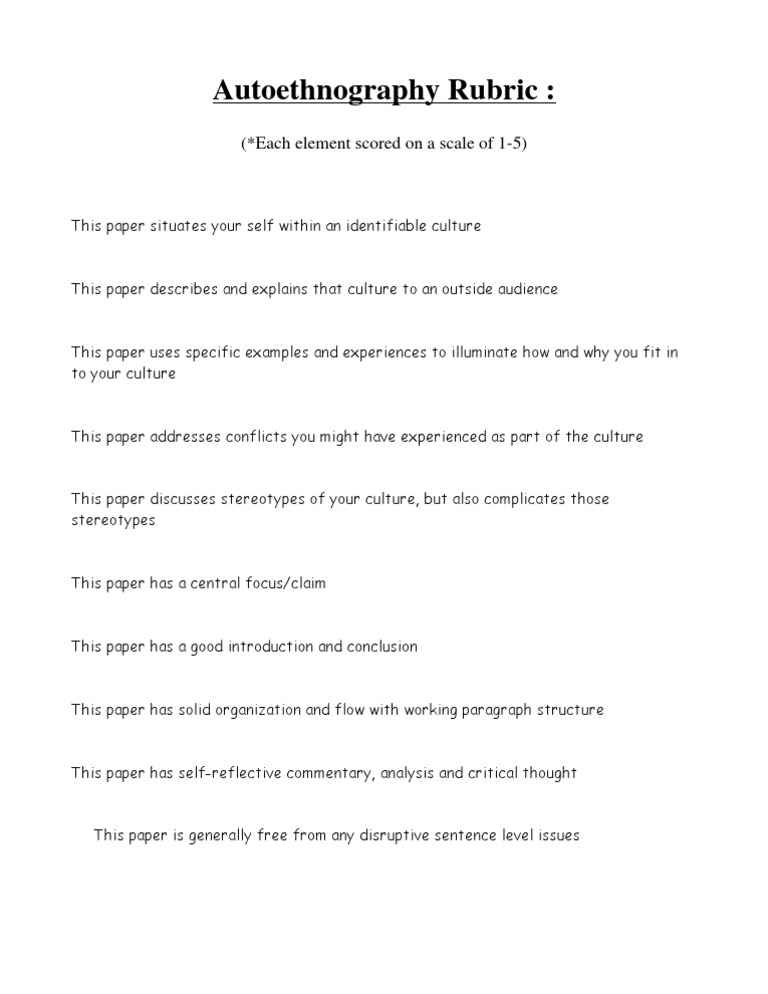 Autoethnography Scoring Rubric | PDF