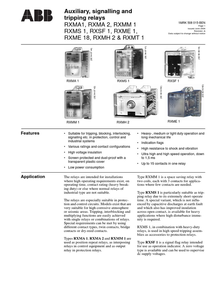 Abb 1MRK508015 BEN A en Auxiliary Signalling and Trippning Relays RXMA ...