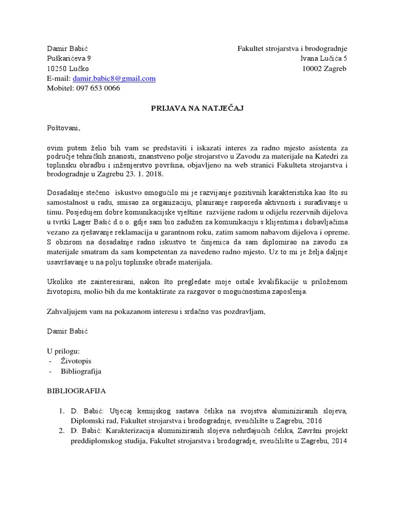 Prijava Na Natječaj FSB | PDF