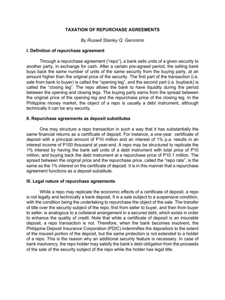 Taxation Of Repurchase Agreements Pdf Repurchase Agreement
