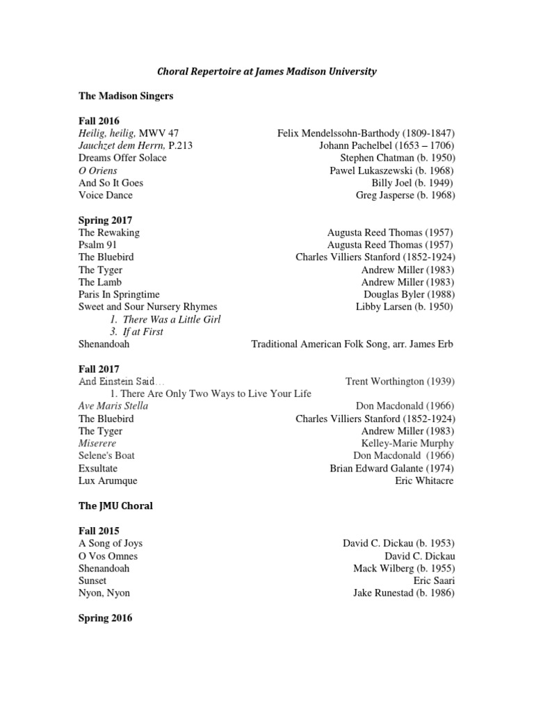 JMU Choral Repertoire Overview | PDF