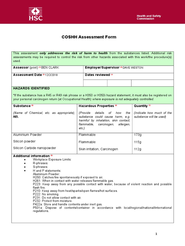 Coshh Assessment Form | PDF | Personal Protective Equipment ... Coshh Assessment Form | PDF | Personal Protective Equipment ...
