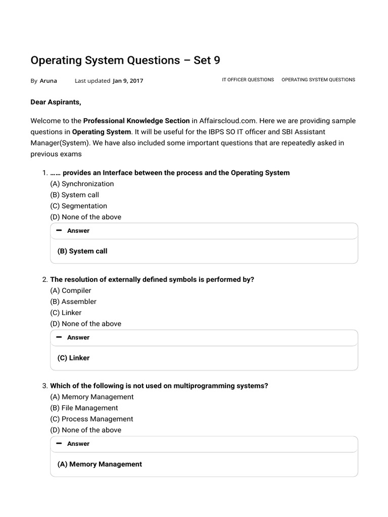 Operating System Questions - Set 9 | PDF | Thread (Computing) | Operating System