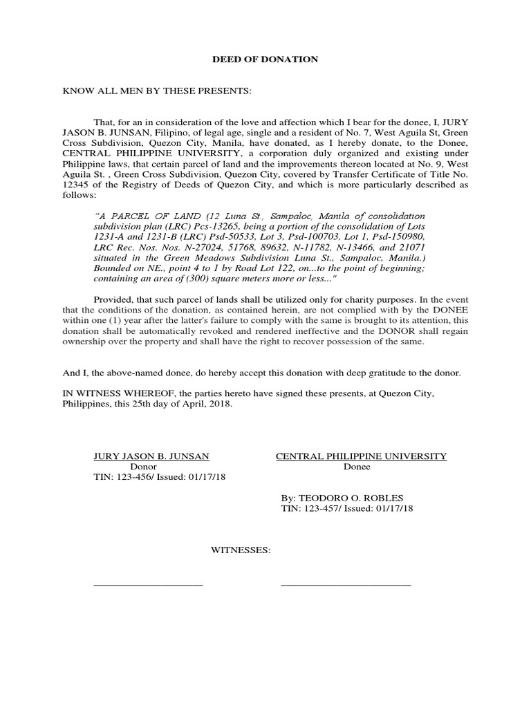 Deed of Donation | Download Free PDF | Civil Law (Common Law) | Common Law