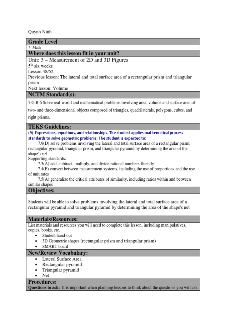 5e Lesson Plan | PDF | Area | Shape