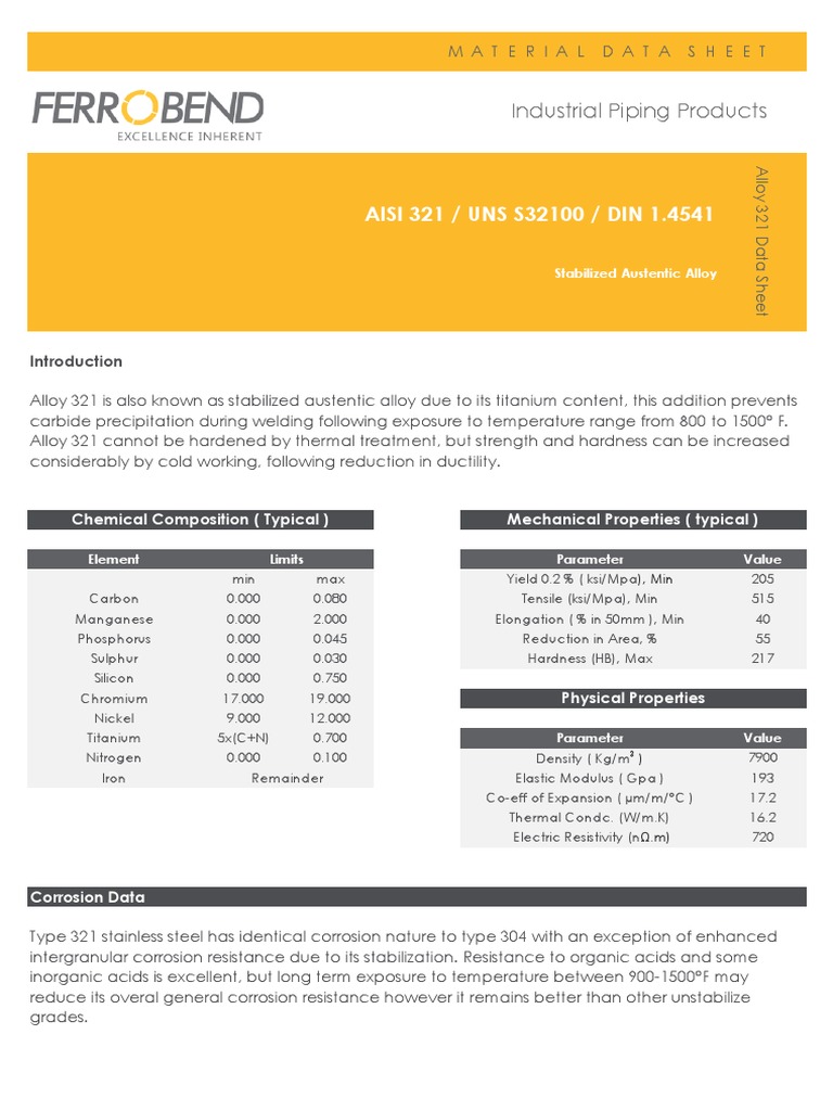 Aisi 321 Stainless Steel Uns s32100 Din 1.4541 | PDF | Alloy | Steel
