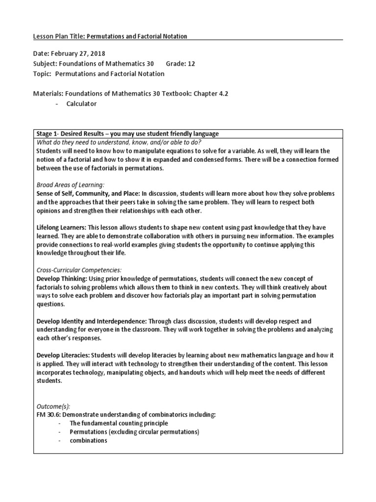 Permutations and Factorial Notation Lesson Plan | PDF | Lesson Plan ...