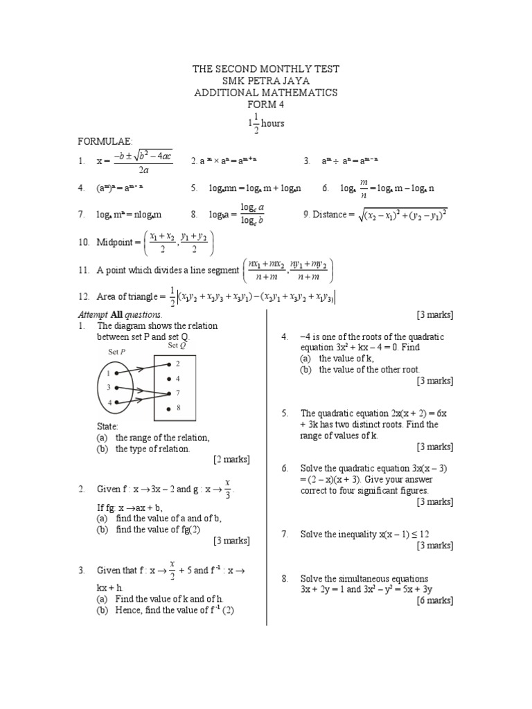 Second Monthly Test: Additional Math | PDF | Cartesian Coordinate ...