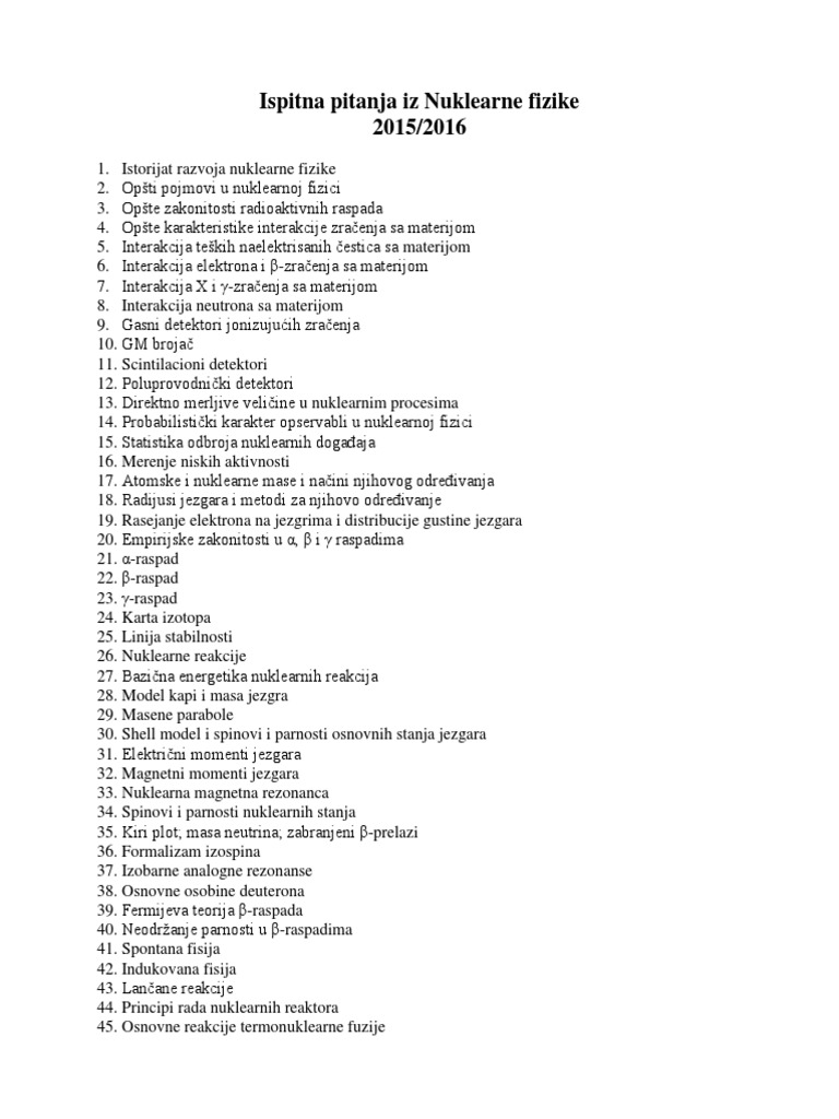 Ispitna Pitanja Nuklearna Fizika | PDF