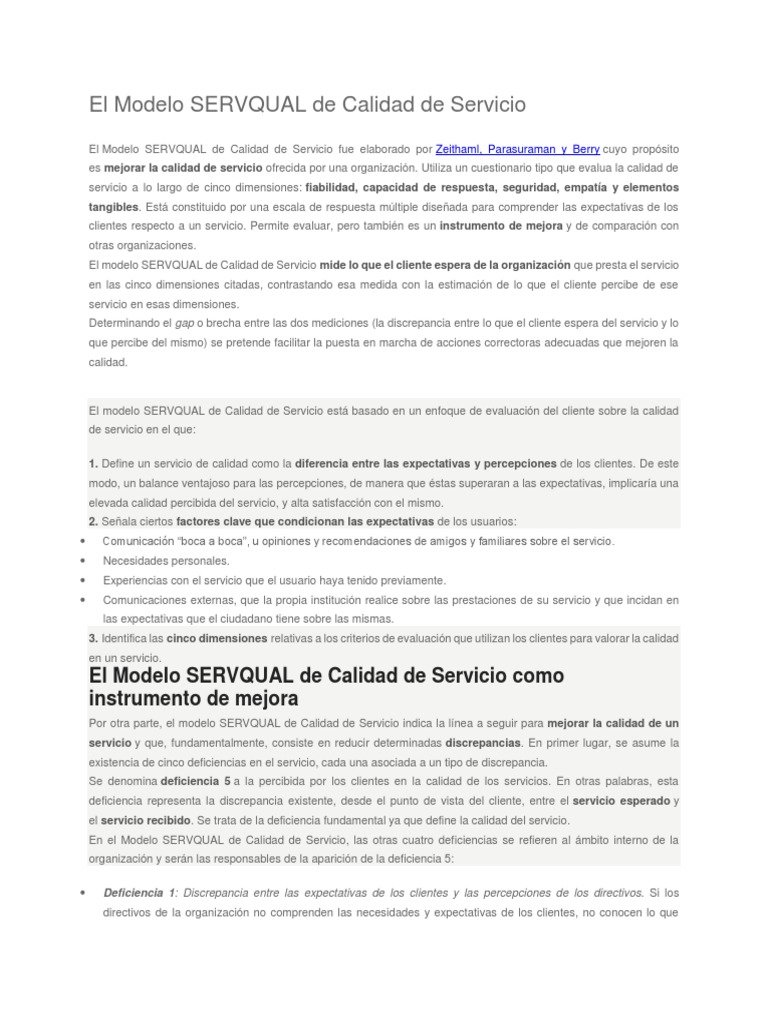 El Modelo SERVQUAL de Calidad de Servicio | Cuestionario | Calidad ...