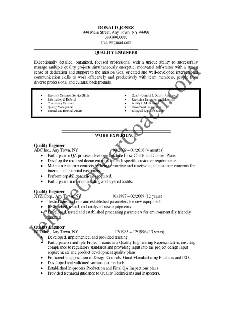 Quality Engineer Sample Resume | PDF | Quality Assurance | Verification And Validation