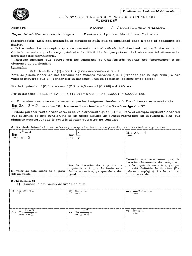 Guía #2 de Funciones y Procesos Infinitos | PDF | Límite (Matemáticas ...