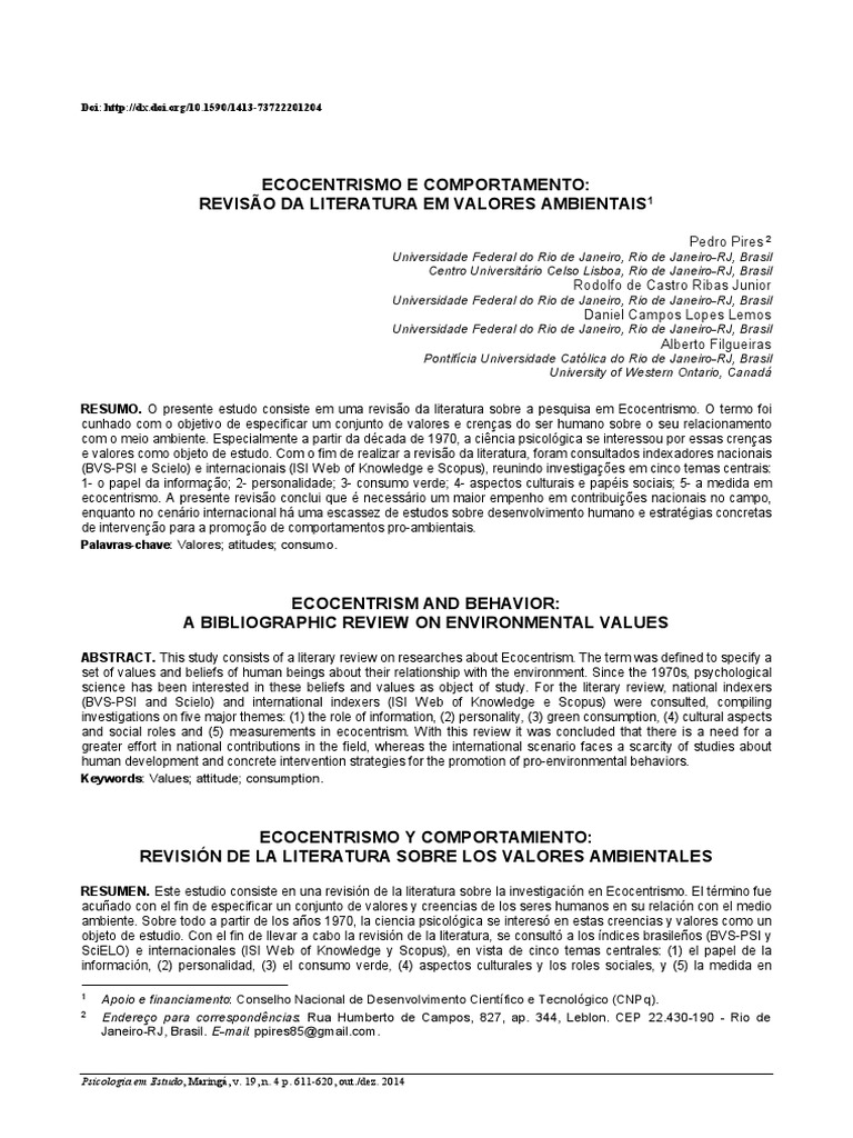 Ecocentrismo e Comportamento Revisão Da Literatura em Valores ...