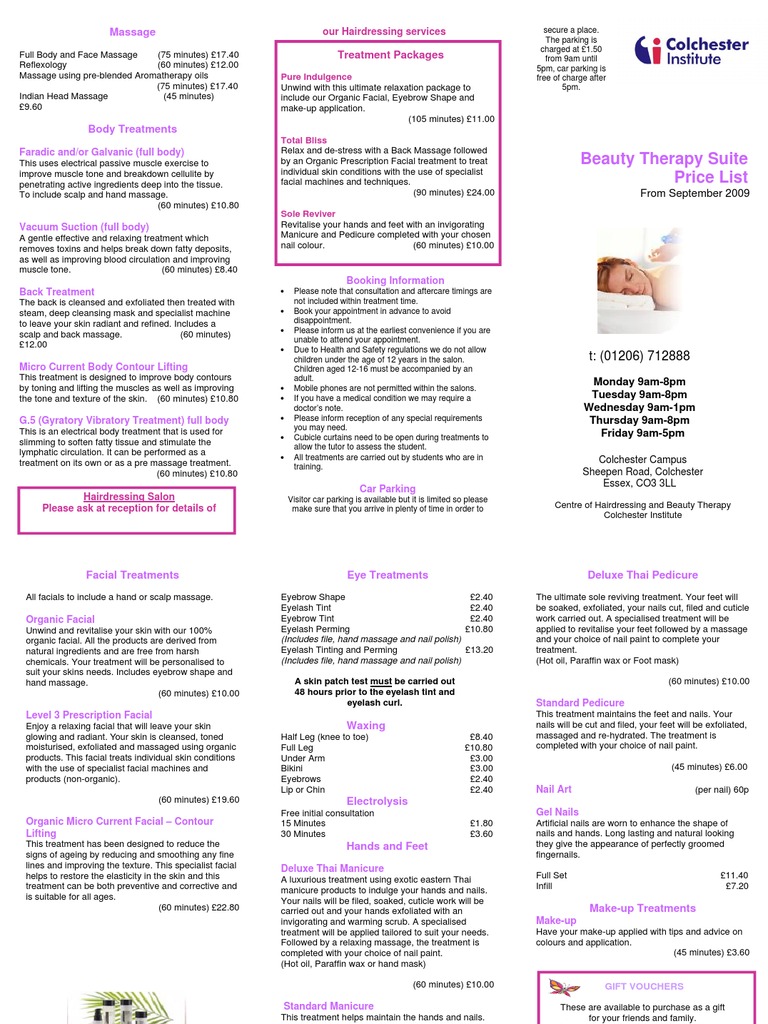 Beauty Therapy Price List (Colchester Campus) | PDF | Massage | Beauty