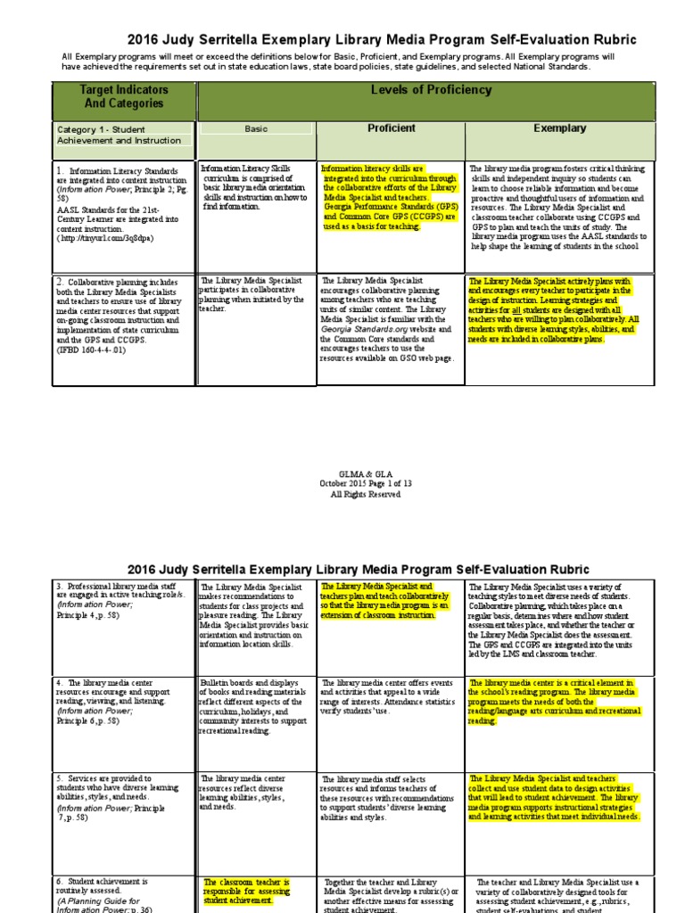 Judy Serritella Library Media Program Self Evaluation Rubric Pdf