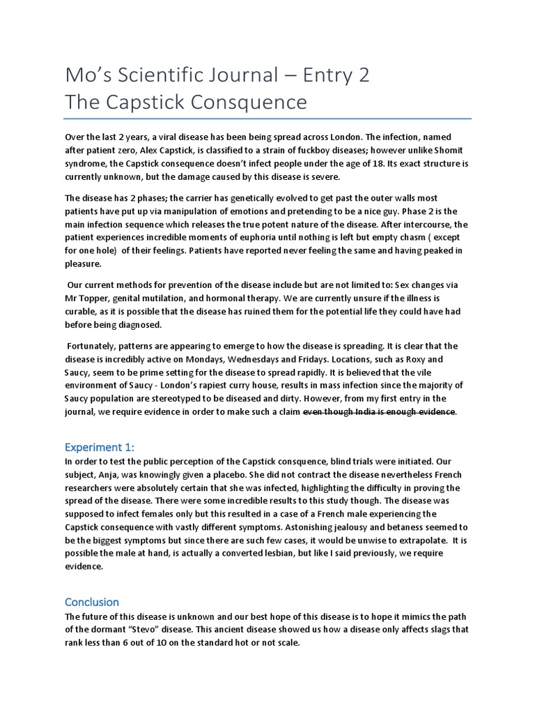 Mo's Scientific Journal - Entry 2 The Capstick Consquence: Experiment 1 ...
