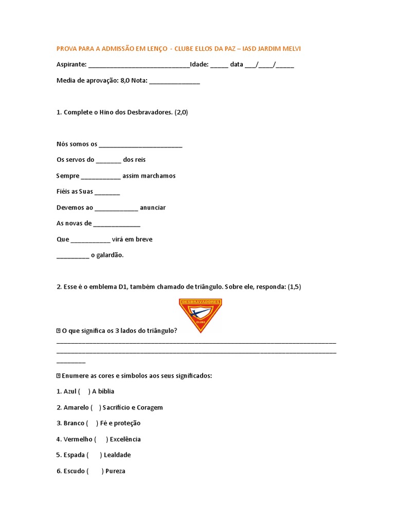 Prova de admissão para o Clube de Desbravadores Elias da Paz - teste de ...