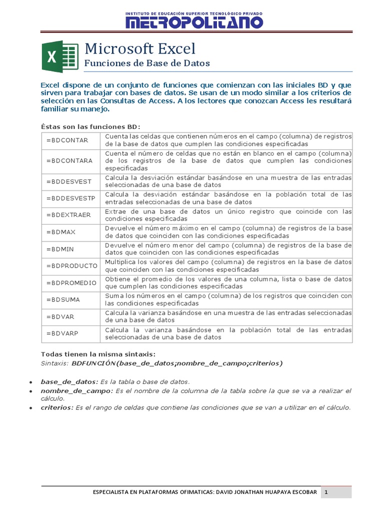 Excel - Funciones de Base de Datos | PDF | Microsoft Excel | Bases de datos