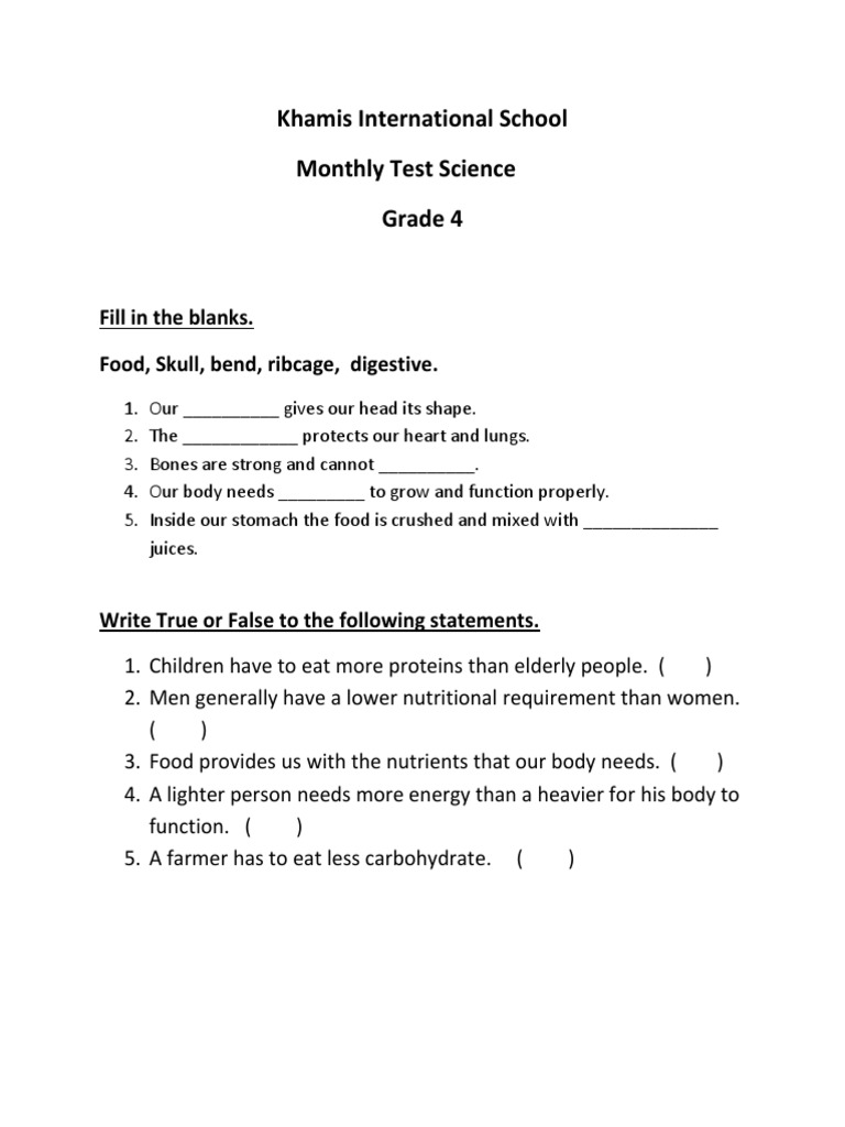 Khamis International School Monthly Test Science Grade 4: Fill in The ...