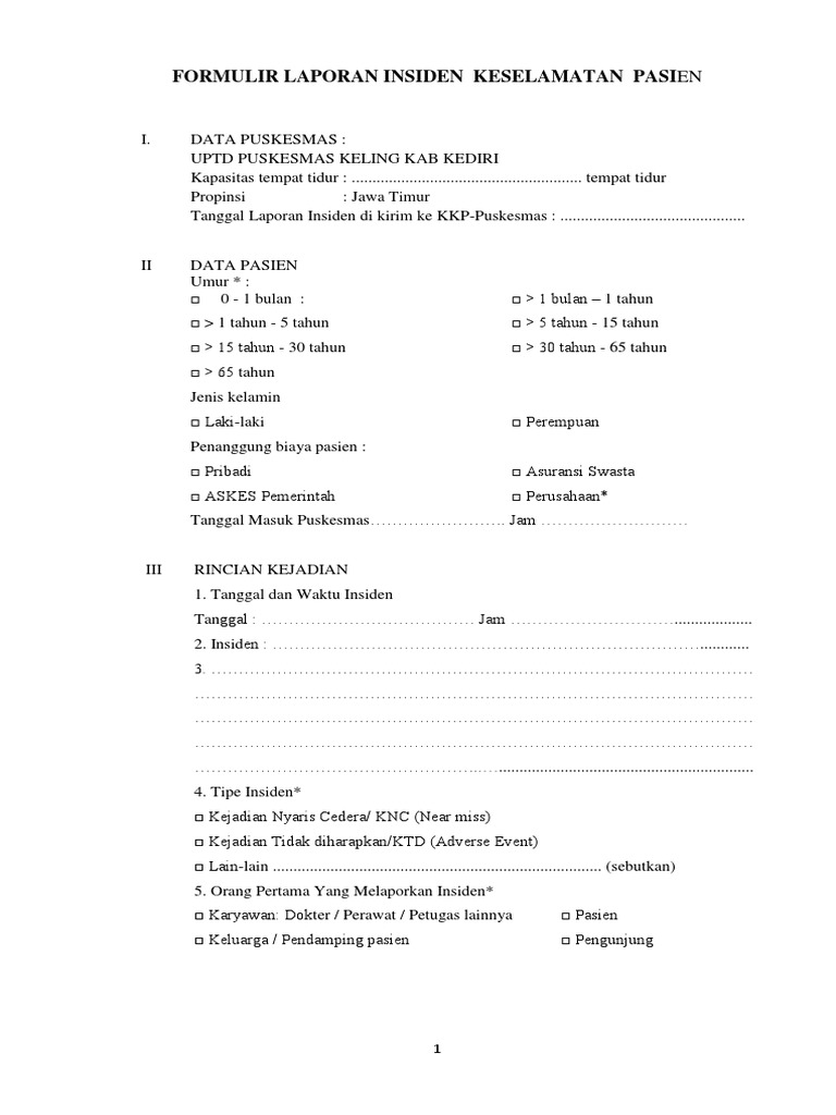 Formulir Laporan Insiden Keselamatan Pasien | PDF