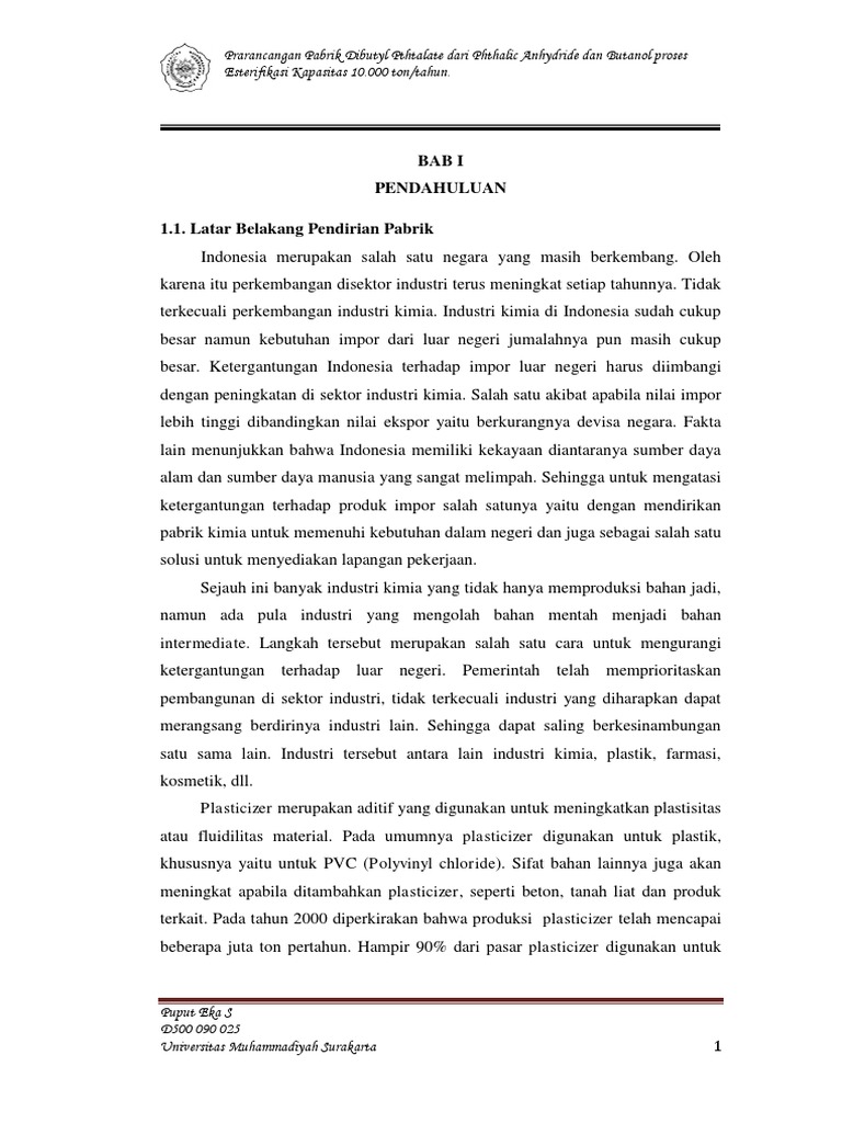 Pendahuluan Pra Perancangan Pabrik Dibutyl Phthalate Dari Phthalic ...