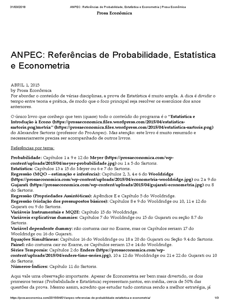 Referências ANPEC: Probabilidade e Estatística | PDF | Econometria ...