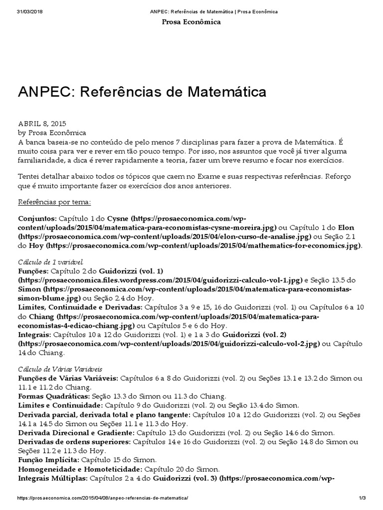 ANPEC - Referências de Matemática - Prosa Econômica | PDF | Derivado ...