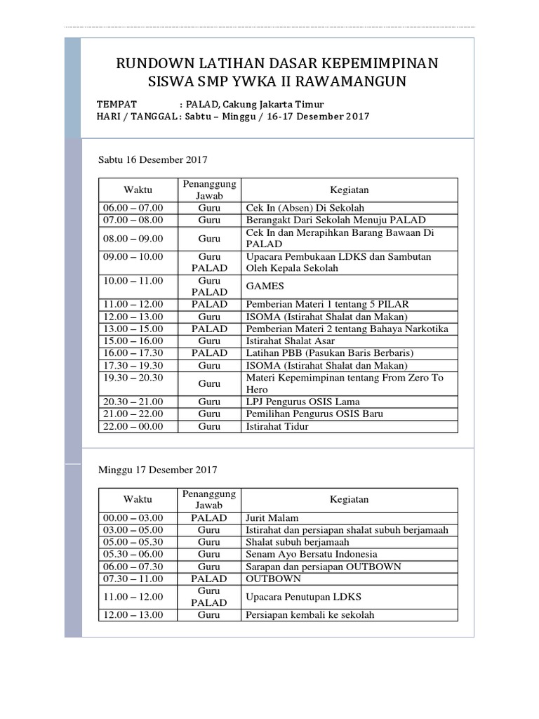 Rundown Latihan Dasar Kepemimpinan Siswa SMP Ywka II Rawamangun | PDF