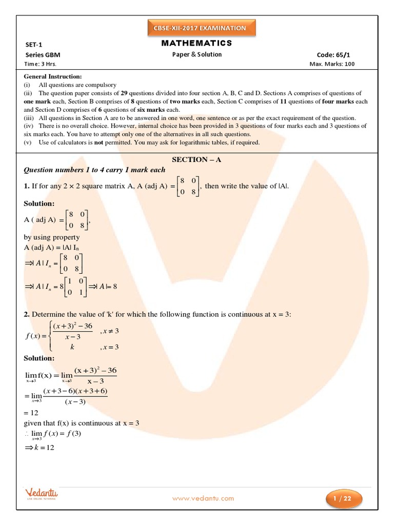 CBSE XII 2017 Mathematics Paper Solutions | PDF | Space | Mathematical ...