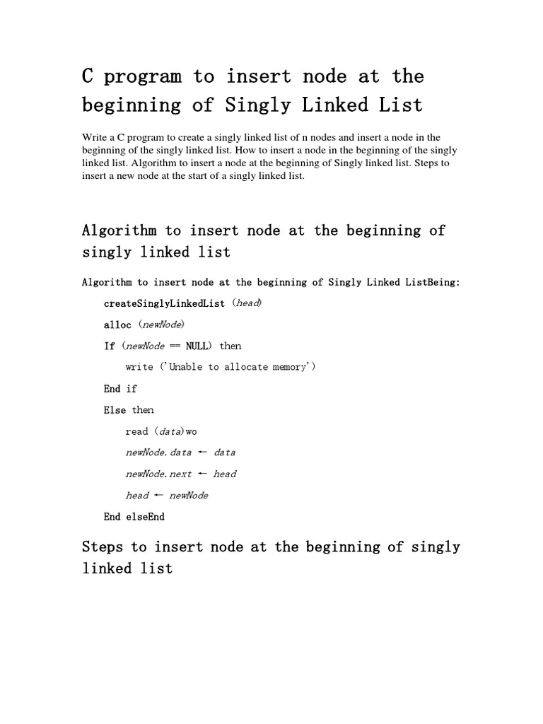 C Program To Insert Node at The Beginning of Singl | PDF | Computer ...