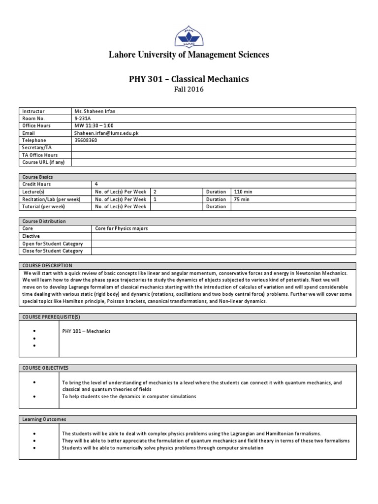 PHY 301 Classical Mechanics Shaheen | PDF | Hamiltonian Mechanics | Mechanics