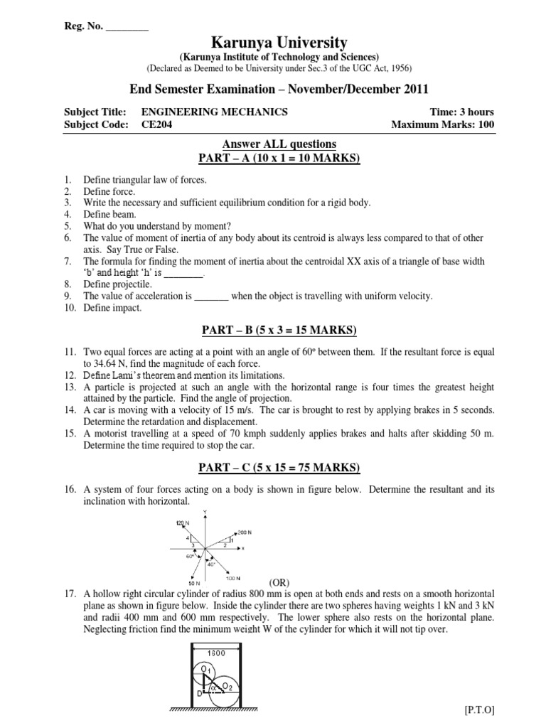 Karunya University Civil Engineering - Engineering Mechanics Sample Paper 7 | PDF | Rotation ...