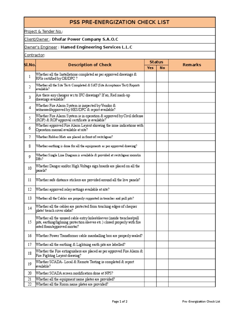 Pre Energization Check List. | PDF | Electrical Engineering | Electricity