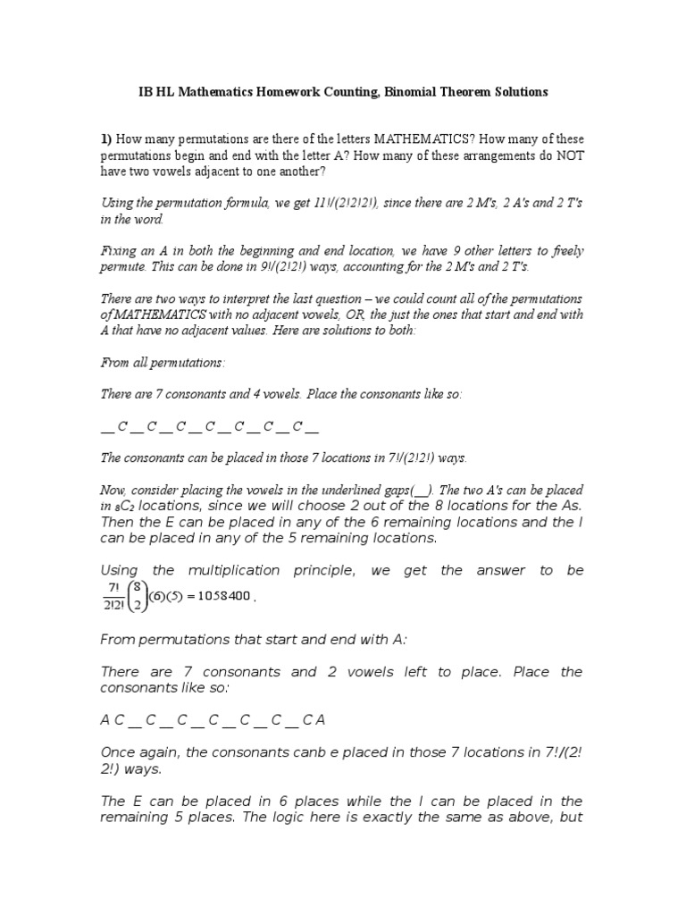 Solutions to an IB HL Mathematics Homework on Counting and the Binomial ...