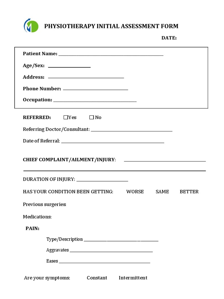 Physio Initial Assessment Form | PDF | Self-Improvement