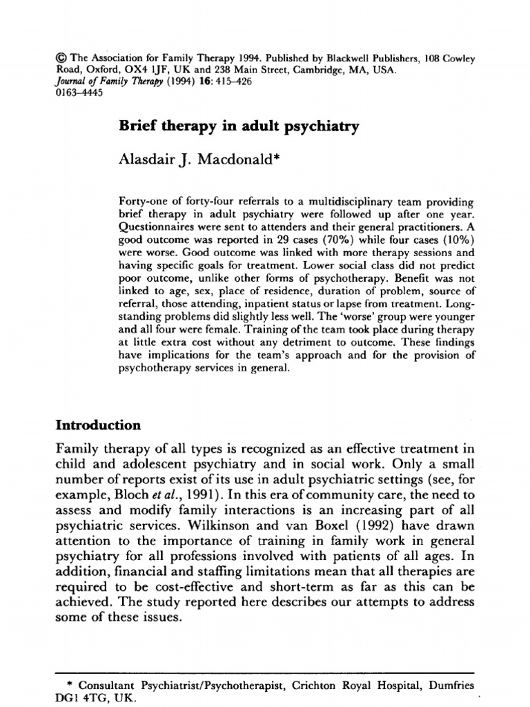 Brief Therapy in Adult Psychiatry | Psychotherapy | Psychiatry