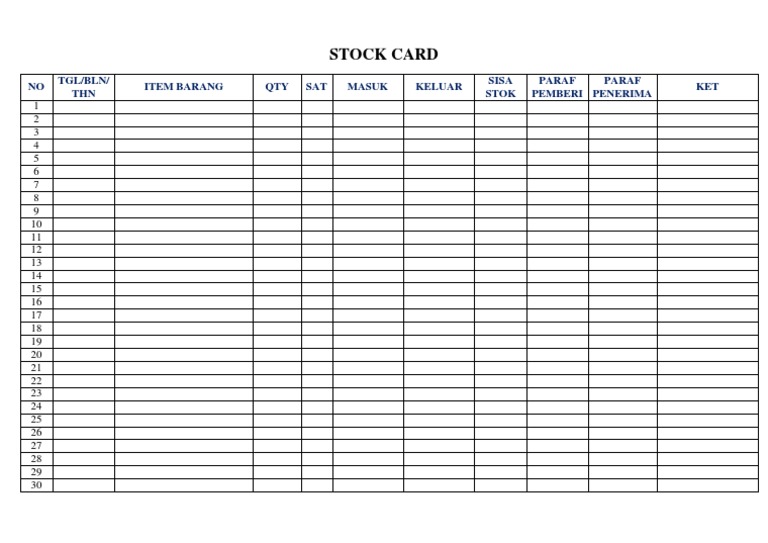 Stock Card: NO TGL/BLN/ THN Item Barang QTY SAT Masuk Keluar Sisa Stok ...