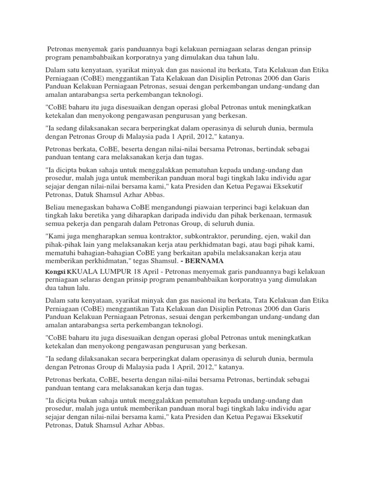 Petronas Perkenal CoBE untuk Etika Perniagaan | PDF
