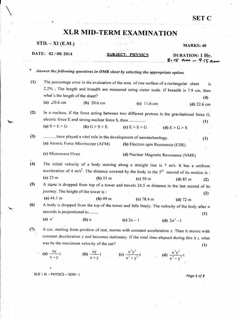 Xaviers 11sem1 Engmed Aug2014 Phy | PDF | Acceleration | Mass