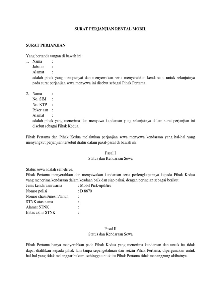 Surat Perjanjian Rental Mobil | PDF