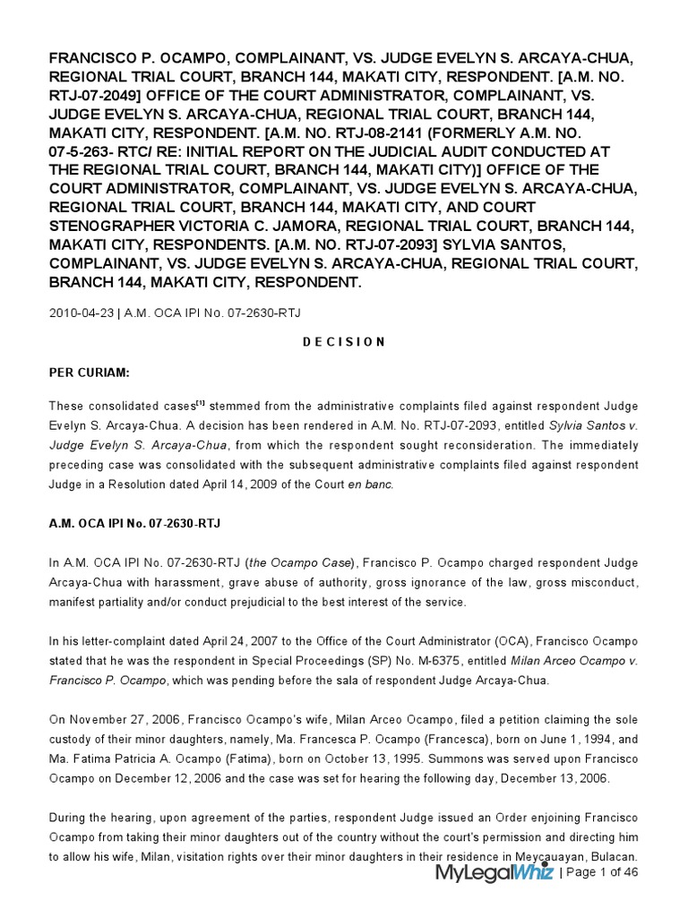 1.9 Ocampo Vs Judge Arcaya-Chua A.M. OCA IPI No. 07-2630-RTJ Apr 23 ...