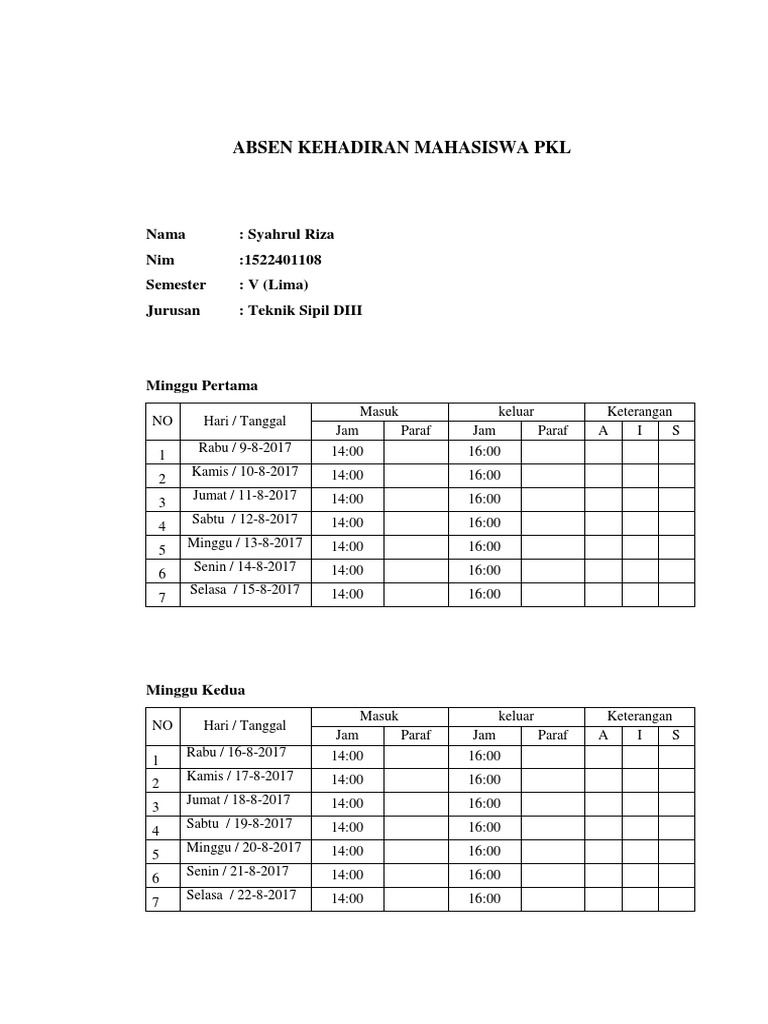 Absen Kehadiran Mahasiswa PKL | PDF