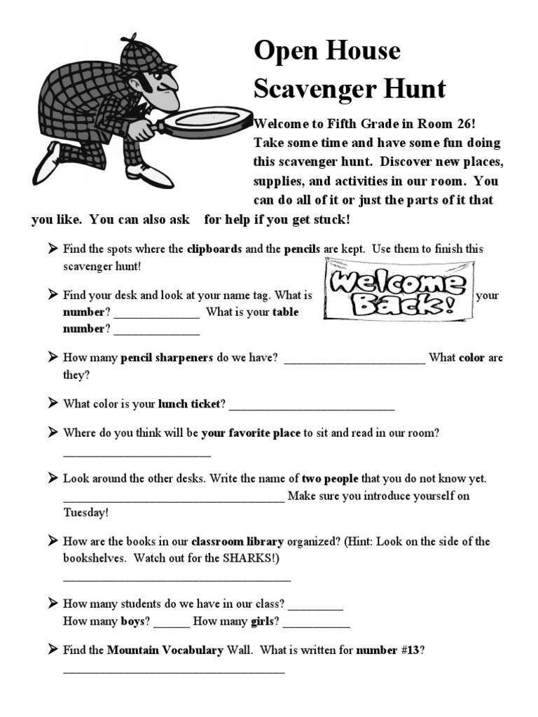 Fifth Grade Open House Scavenger Hunt | PDF