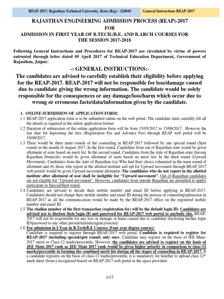 REAP-2017 Admission Guide | PDF | Financial Transaction | University ...