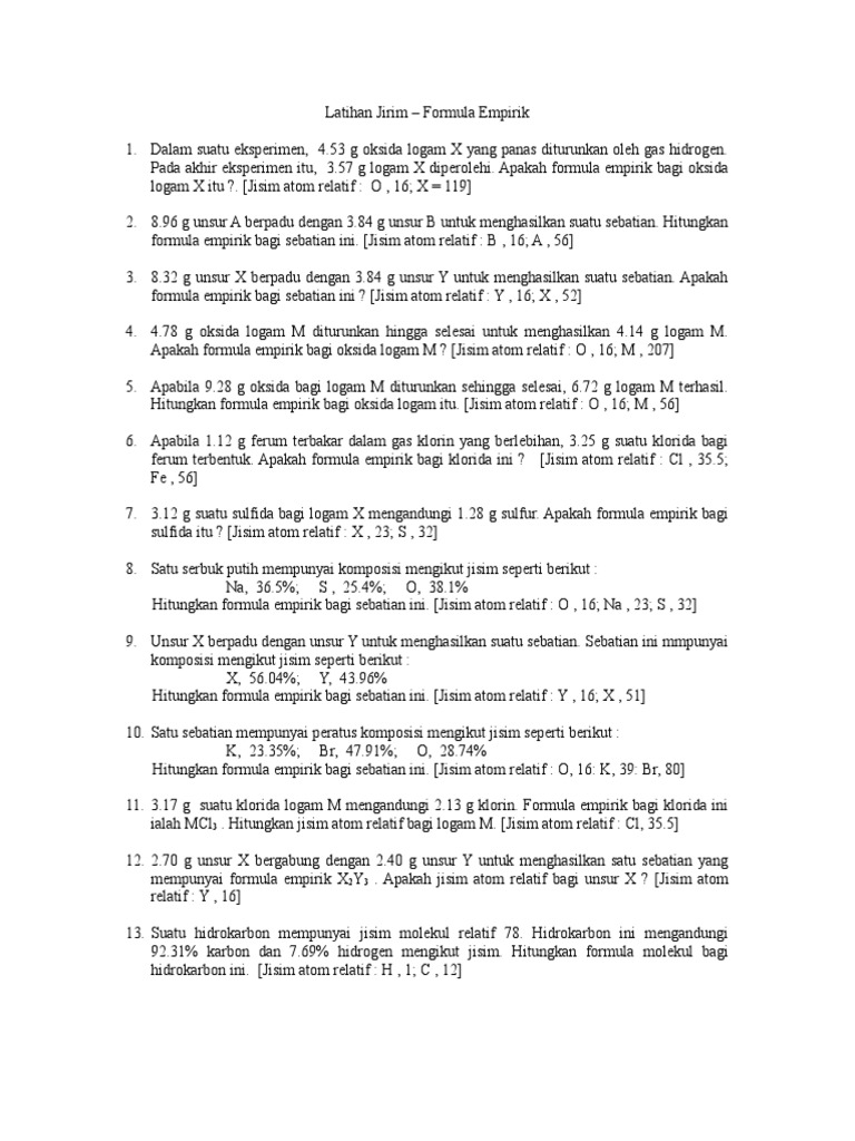 Bab 1 Latihan Jirim Formula Empirik | PDF